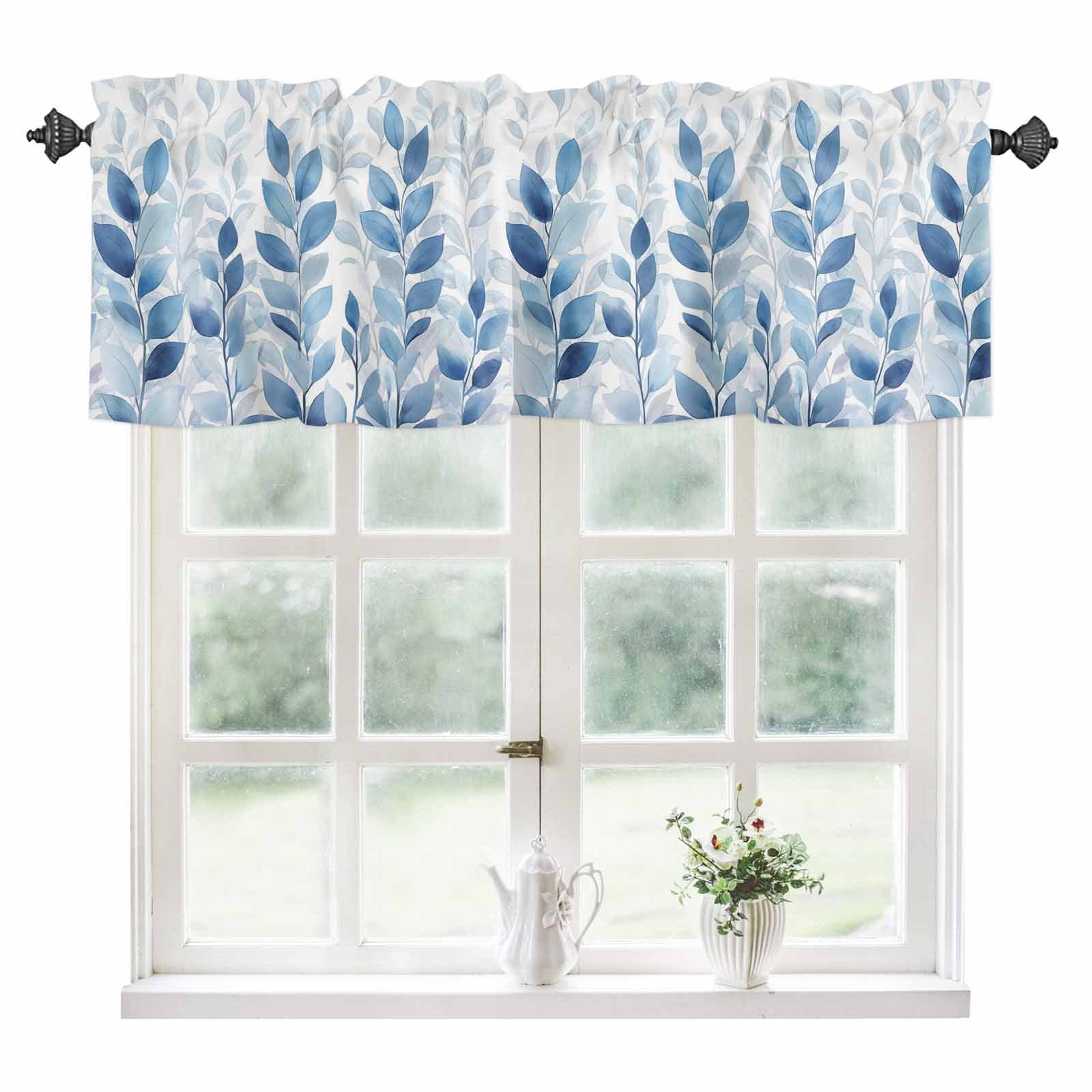 Blue Eucalyptus Leaves Kitchen Valances for Windows 42x12 Inch Kitchen ...