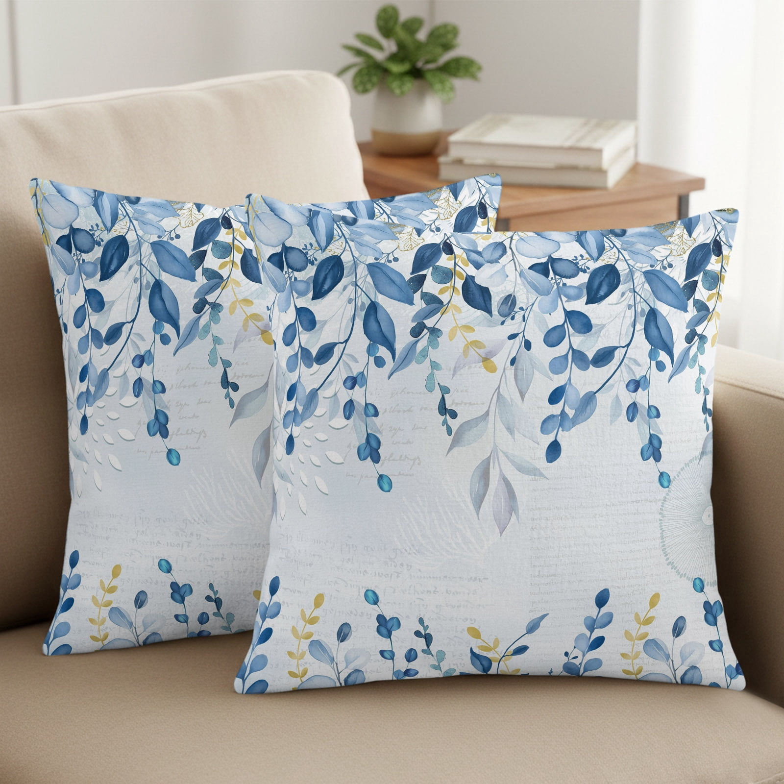 Blue Eucalyptus Leaves Pillow Covers Set of 2, Farm Plants Paper ...