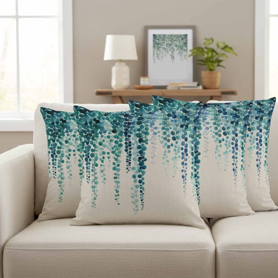 Blue Eucalyptus Leaves Pillow Covers Set of 4, Summer Watercolor Plants ...