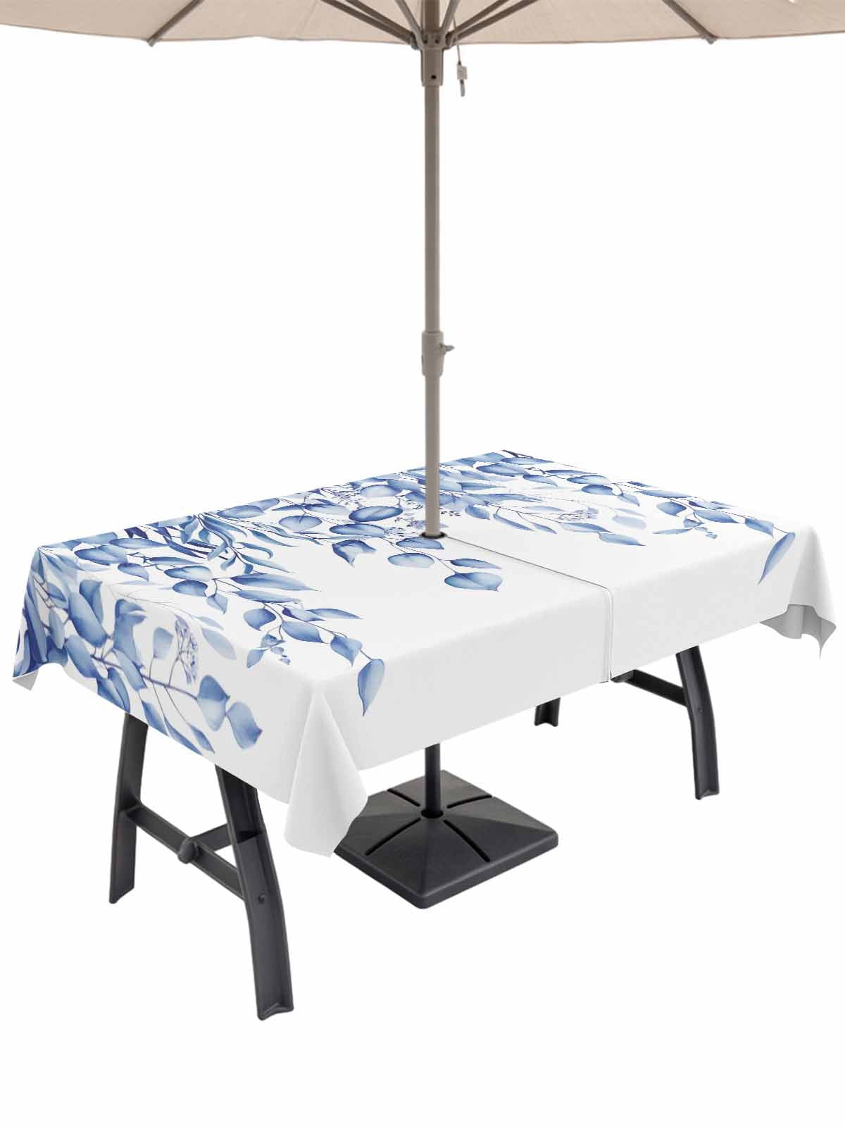 Blue Eucalyptus Leaves Rectangle Outdoor Tablecloth with Umbrella Hole ...