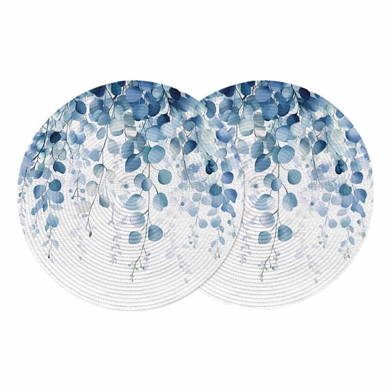 Blue Eucalyptus Leaves Round Placemats Set of 2, Braided Polypropylene ...