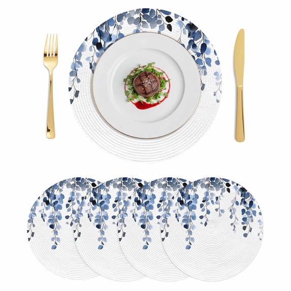 Blue Eucalyptus Leaves Round Placemats Set of 4, Braided Polypropylene ...