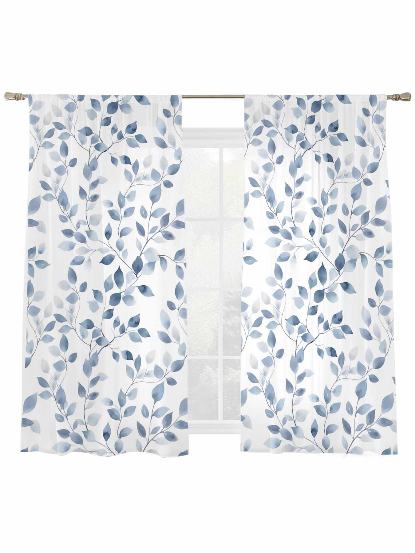 Blue Eucalyptus Leaves Sheer Curtains 63 Inch Length 2 Panels Set, Semi Transparent Voile Rod ...