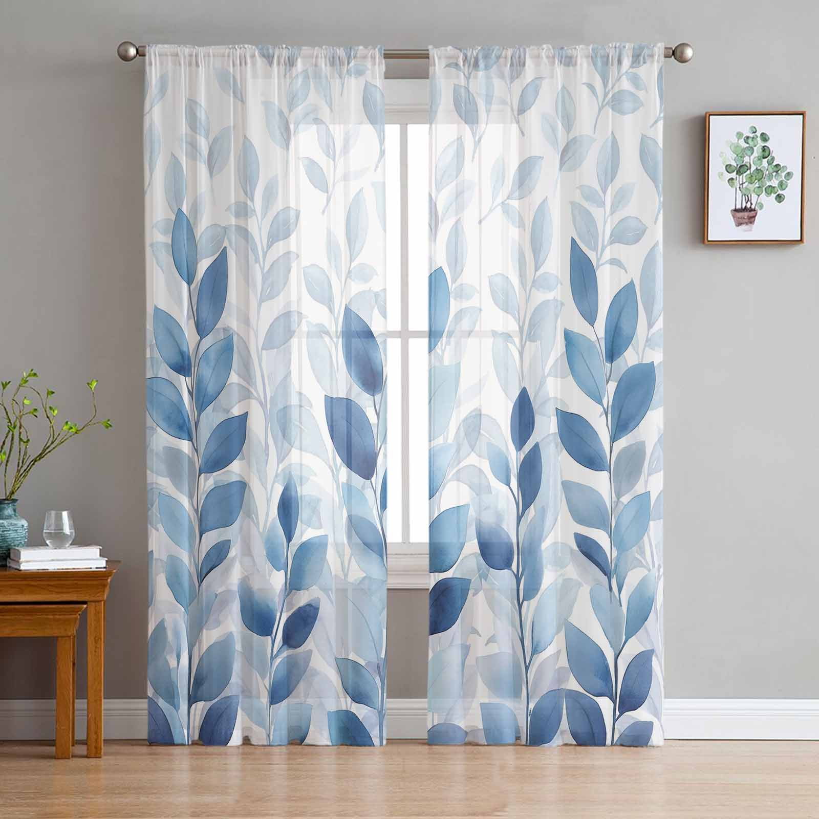 Blue Eucalyptus Leaves Sheer Curtains 63 Inches Length 2 Panels Set, Window Sheer Curtains for ...