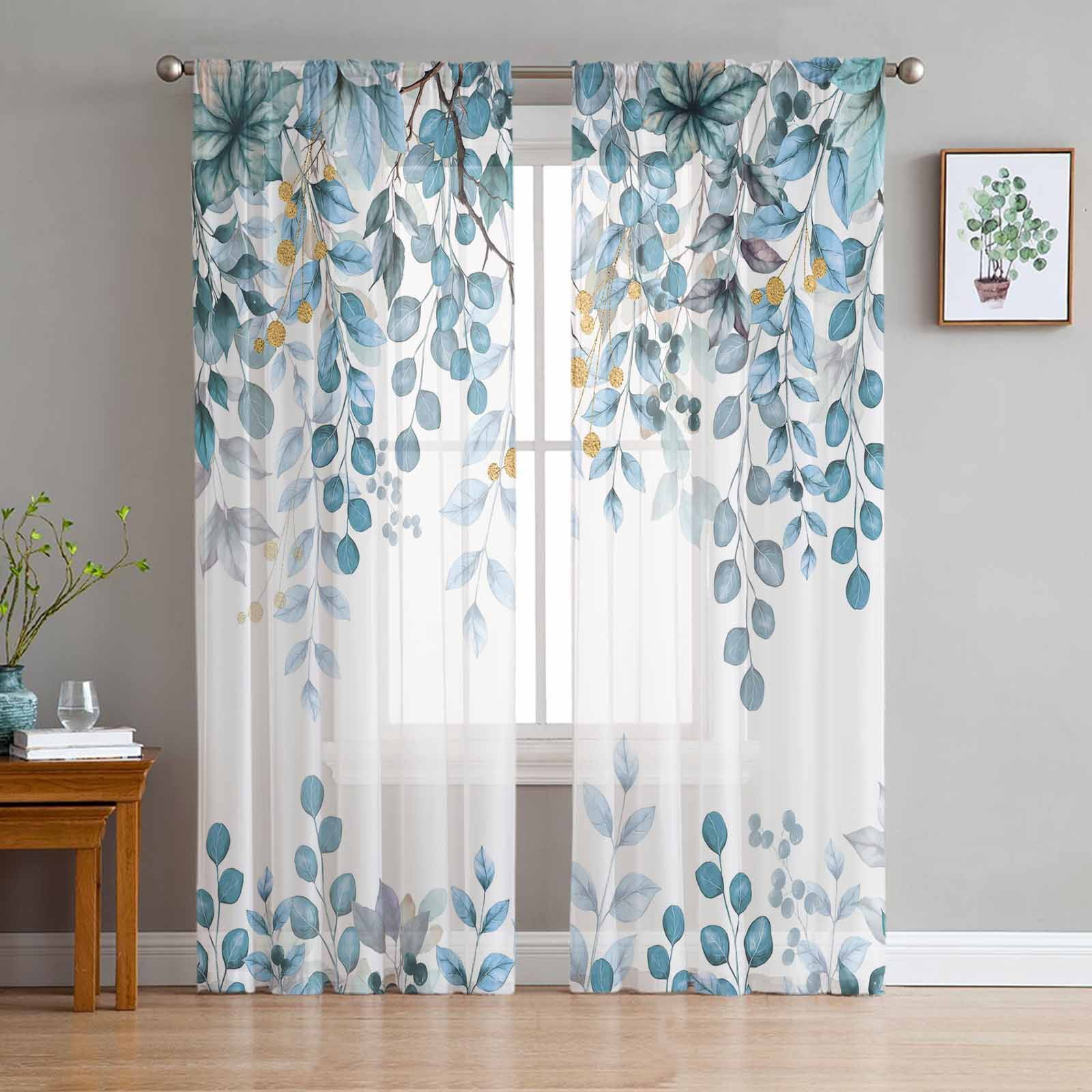 Blue Eucalyptus Leaves Sheer Curtains 72 Inch Length 2 Panels Set for ...