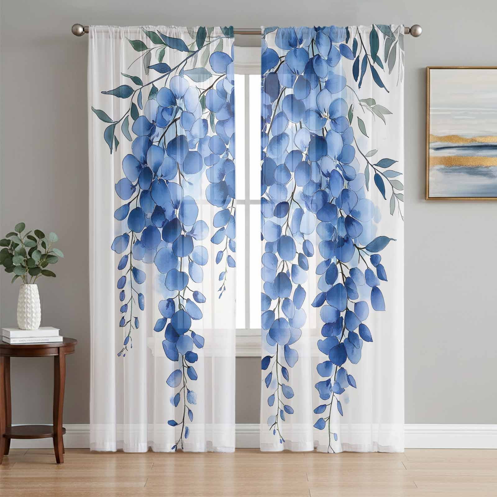 Blue Eucalyptus Leaves Sheer Curtains 72 Inch Length 2 Panels Set ...