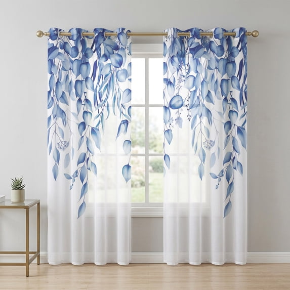 Blue Eucalyptus Leaves Sheer Curtains 84 Inch Long 2 Panels, Summer ...