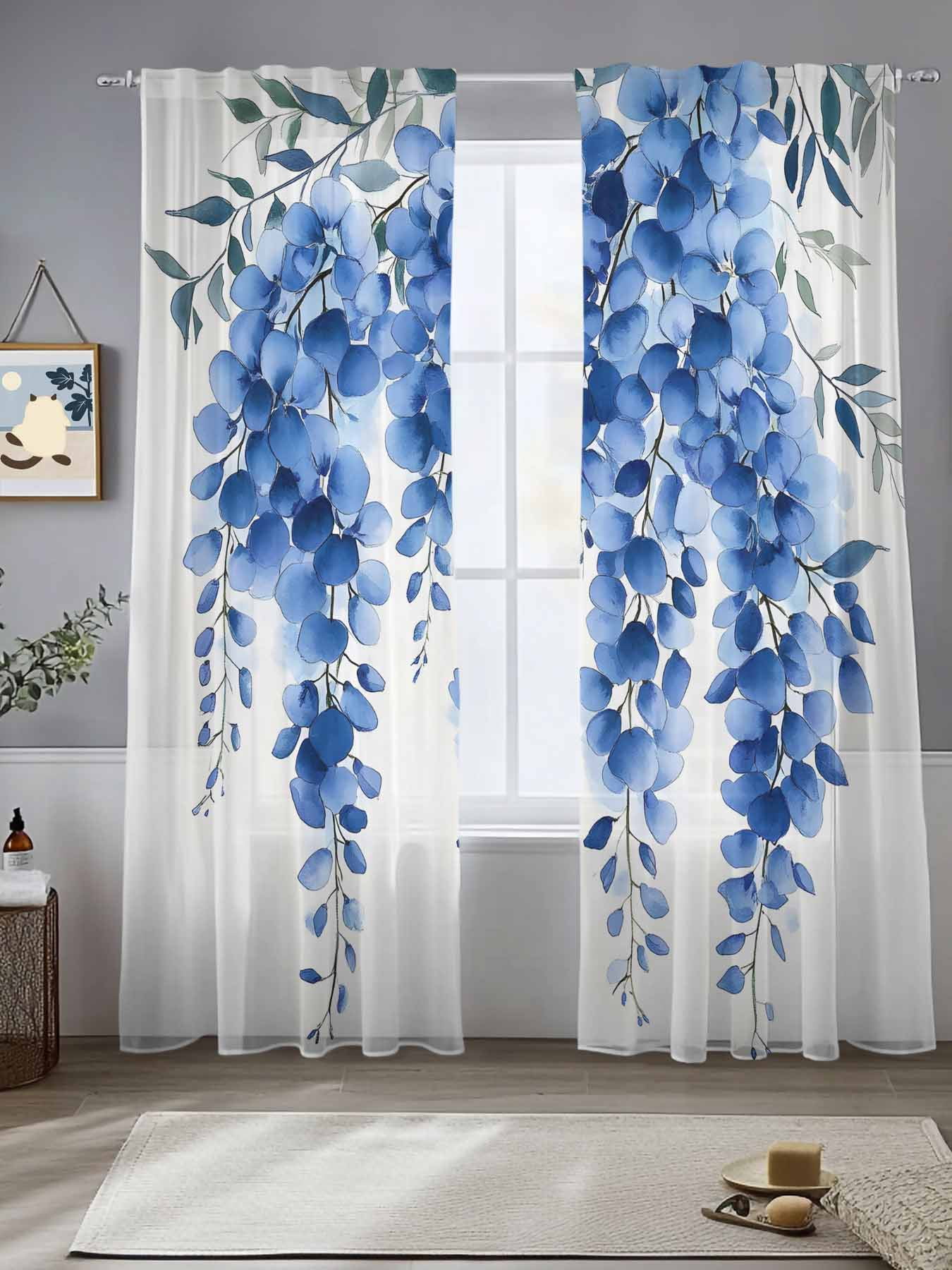 Blue Eucalyptus Leaves Sheer Curtains for Living Room Bedroom Spring Botanical Summer Sheer ...