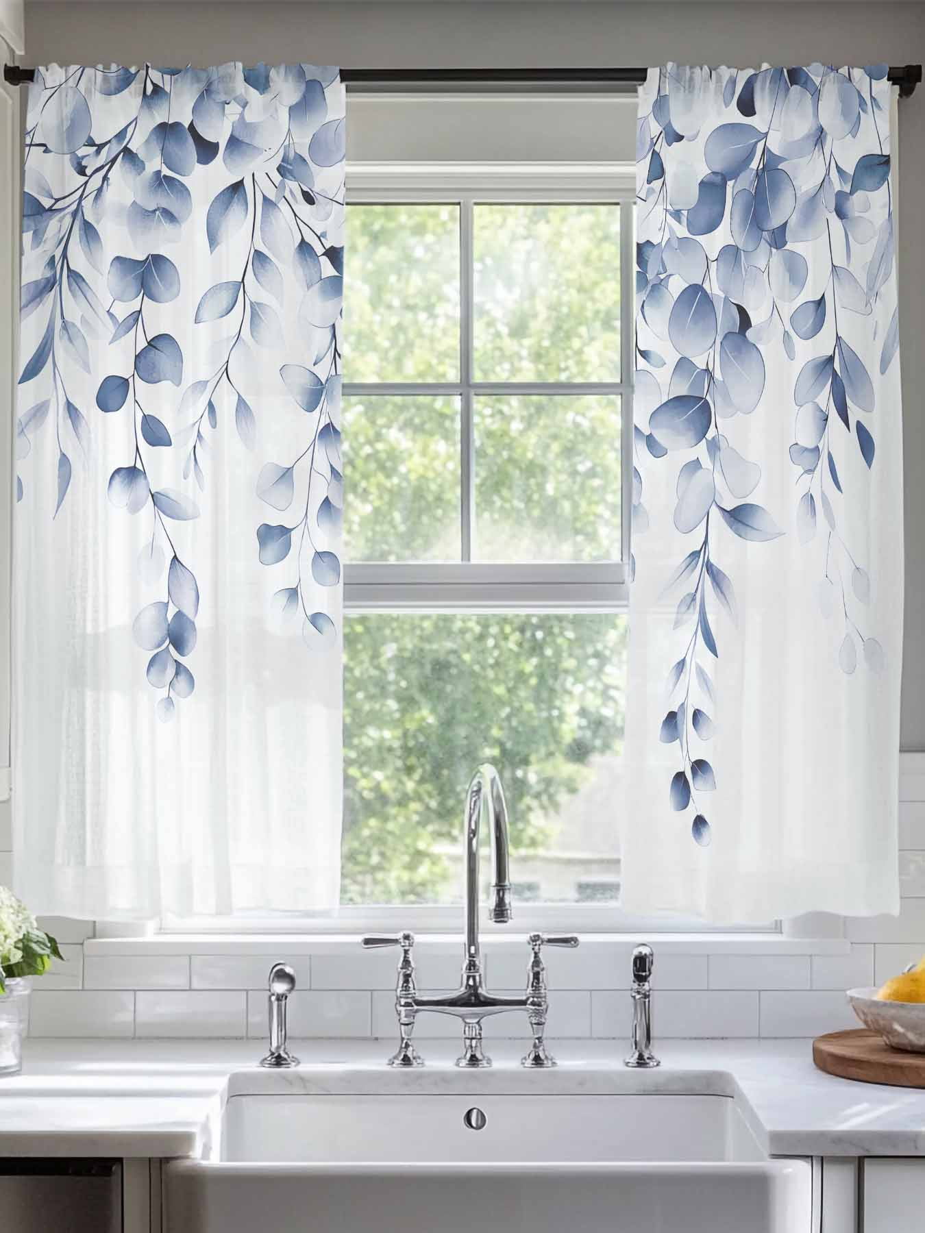 Blue Eucalyptus Leaves Sheer Curtains for Living Room Bedroom ...