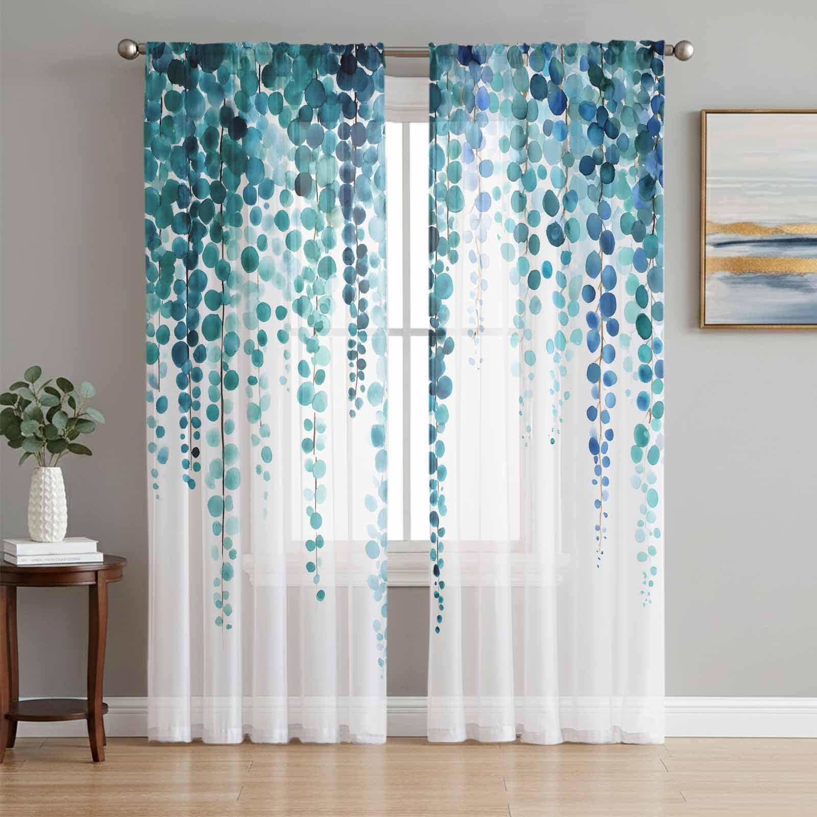 Blue Eucalyptus Leaves Sheer Curtains for Living Room Bedroom Weeping ...