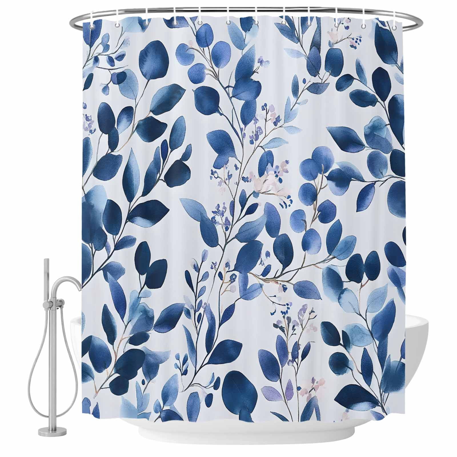 Blue Eucalyptus Leaves Shower Curtain Set - Small 36" x 72" Washable Bathtub Curtain with 12 ...