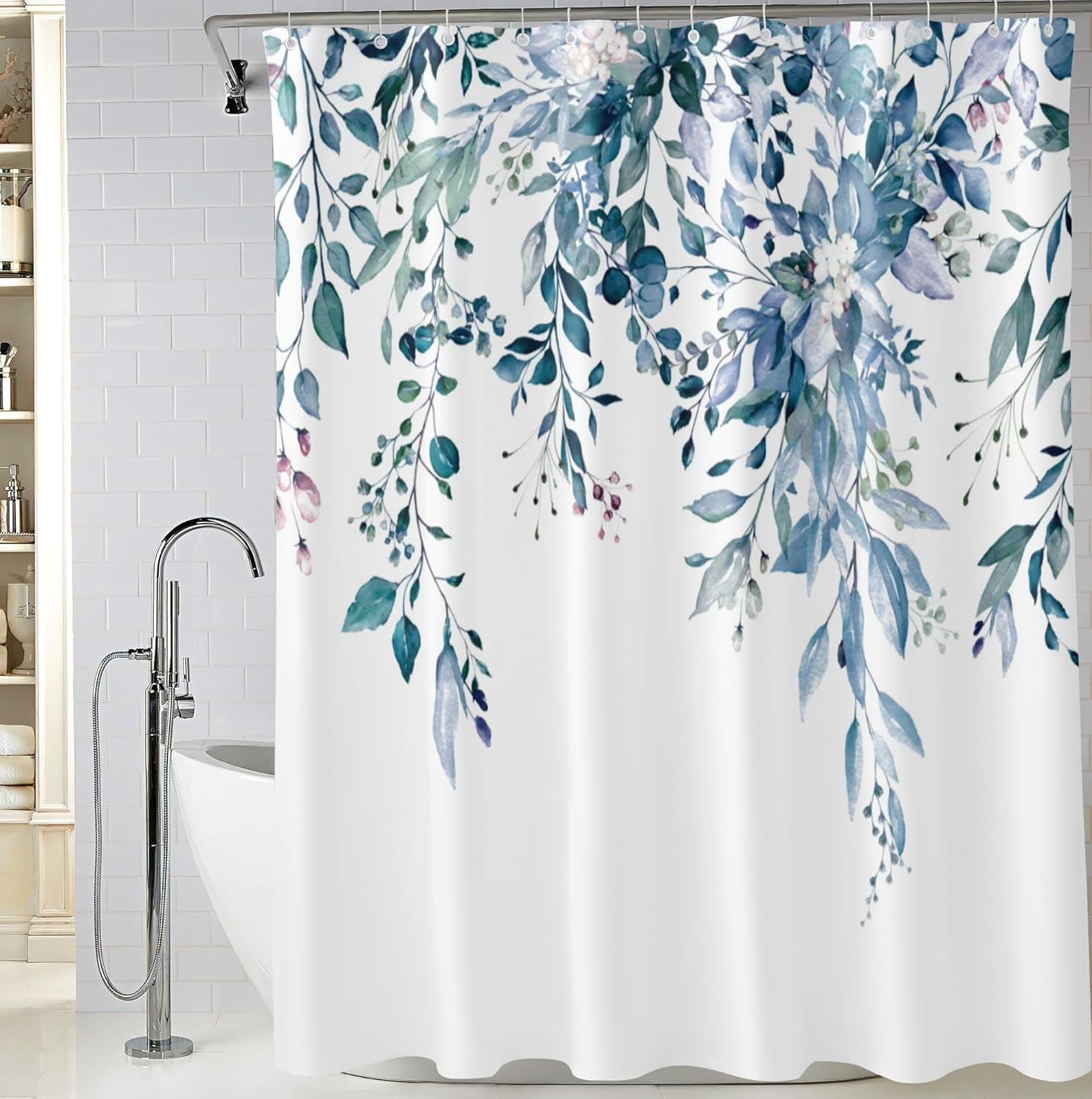 Blue Eucalyptus Leaves Shower Curtain Watercolor Plant Floral Bathroom