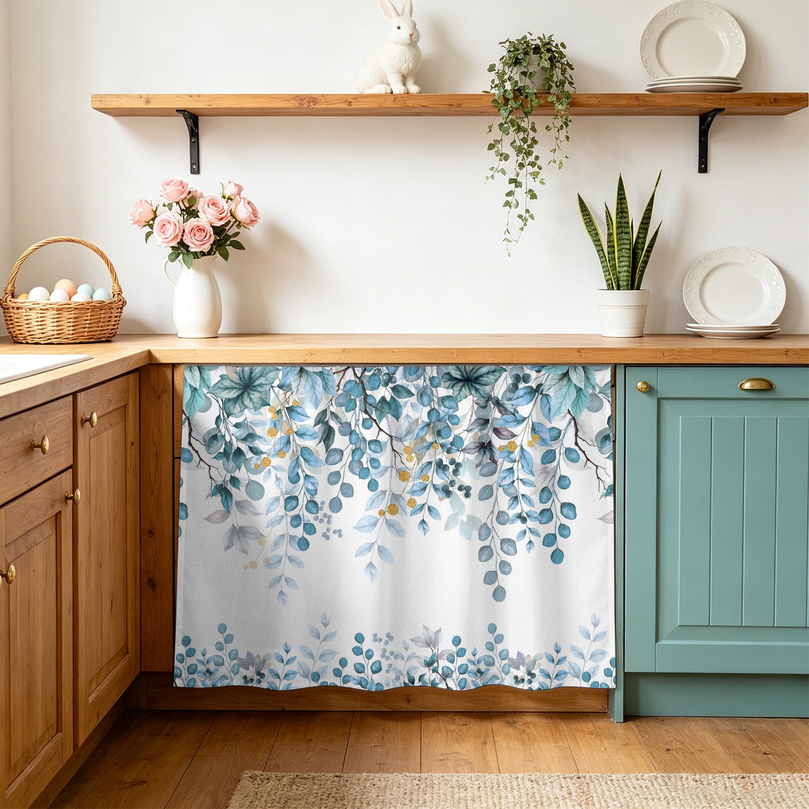 Blue Eucalyptus Leaves Small Sink Skirt 10"Wx11"L,Dustproof Under Sink ...