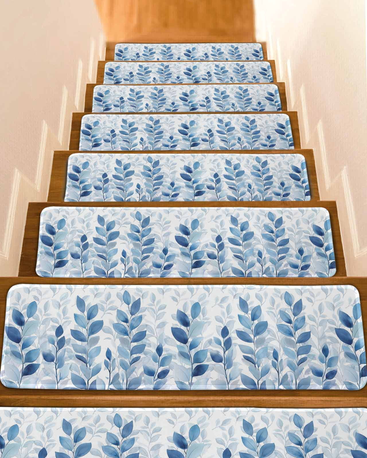 Blue Eucalyptus Leaves Stair Treads for Wooden Steps Indoor Runner Rug ...