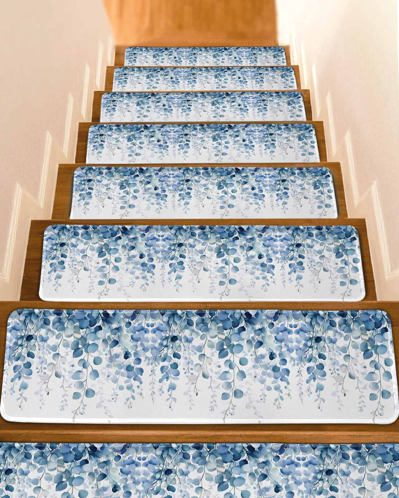 Blue Eucalyptus Leaves Stair Treads for Wooden Steps Indoor Runner Rug ...
