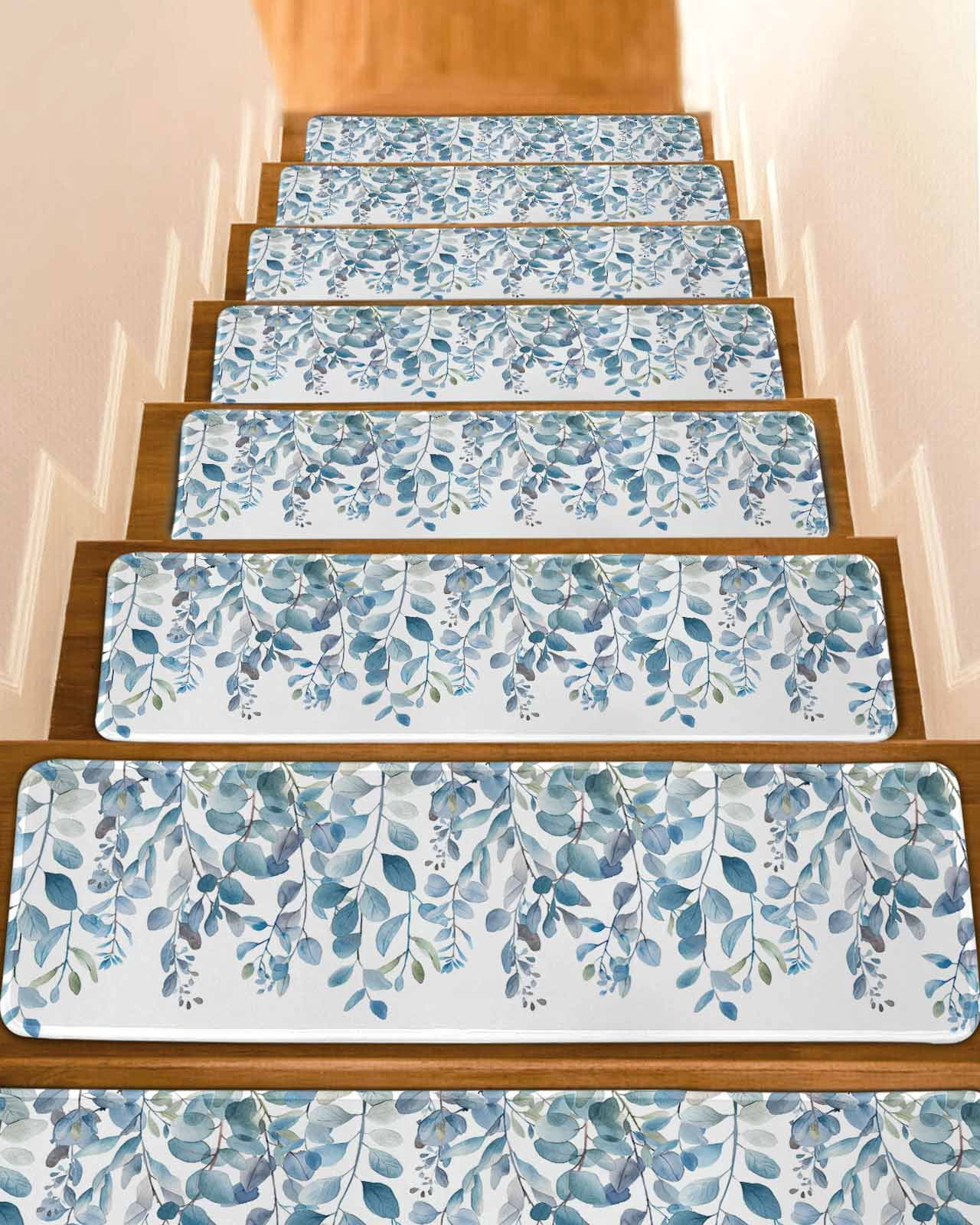 Blue Eucalyptus Leaves Stair Treads for Wooden Steps Indoor Runner Rug ...