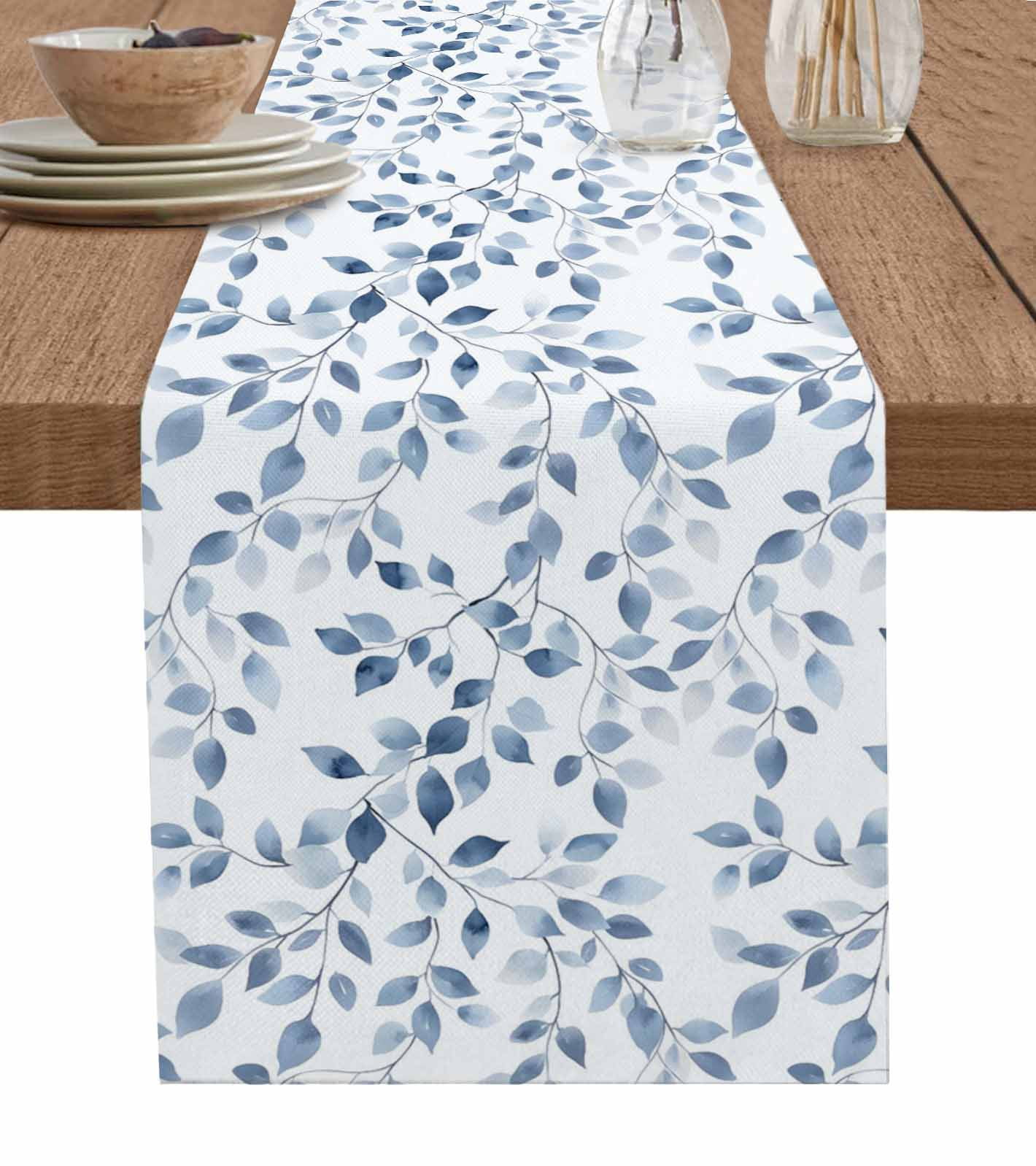 Blue Eucalyptus Leaves Table Runner Watercolor Summer Botanical Vintage ...