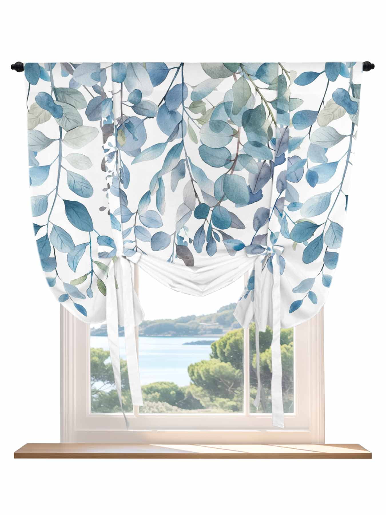 Blue Eucalyptus Leaves Tie Up Curtains for Windows 54 Inch Length Balloon Curtains Kitchen ...
