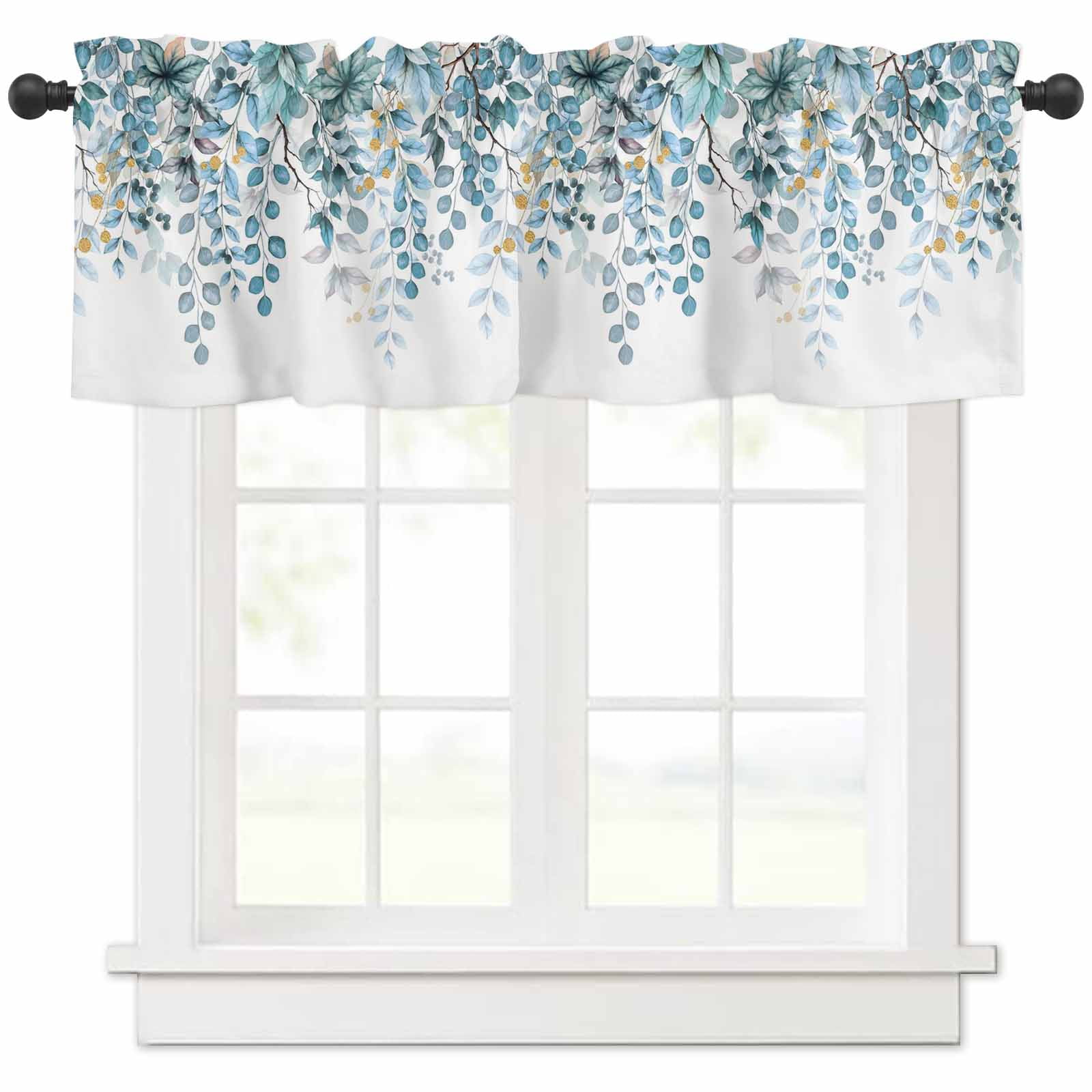 Blue Eucalyptus Leaves Valances for Windows Farmhouse Kitchen Curtains ...