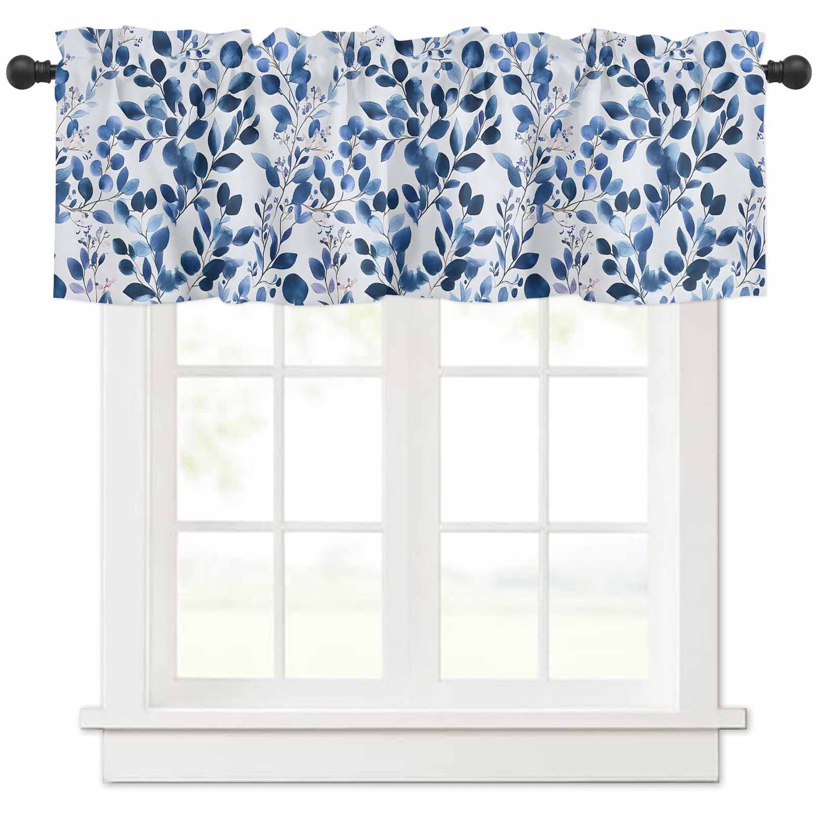 Blue Eucalyptus Leaves Valances for Windows Farmhouse Kitchen Curtains ...