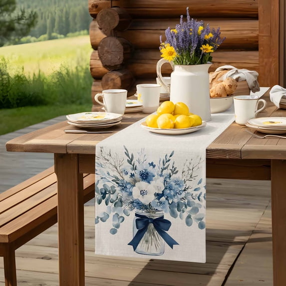 Blue Eucalyptus Leaves Vase on Linen Table Runner 60 Inch Long Spring ...