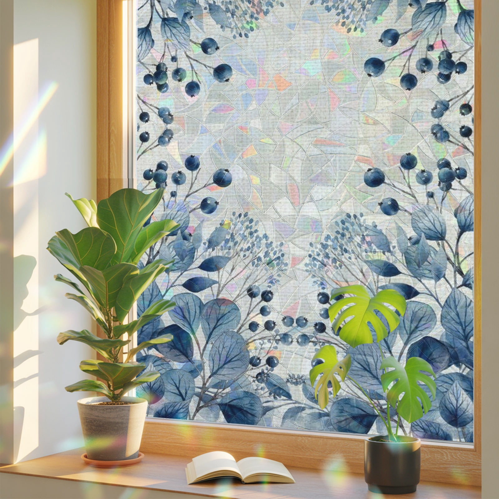 Blue Eucalyptus Leaves Window Privacy Film Rainbow Static Cling Stain ...