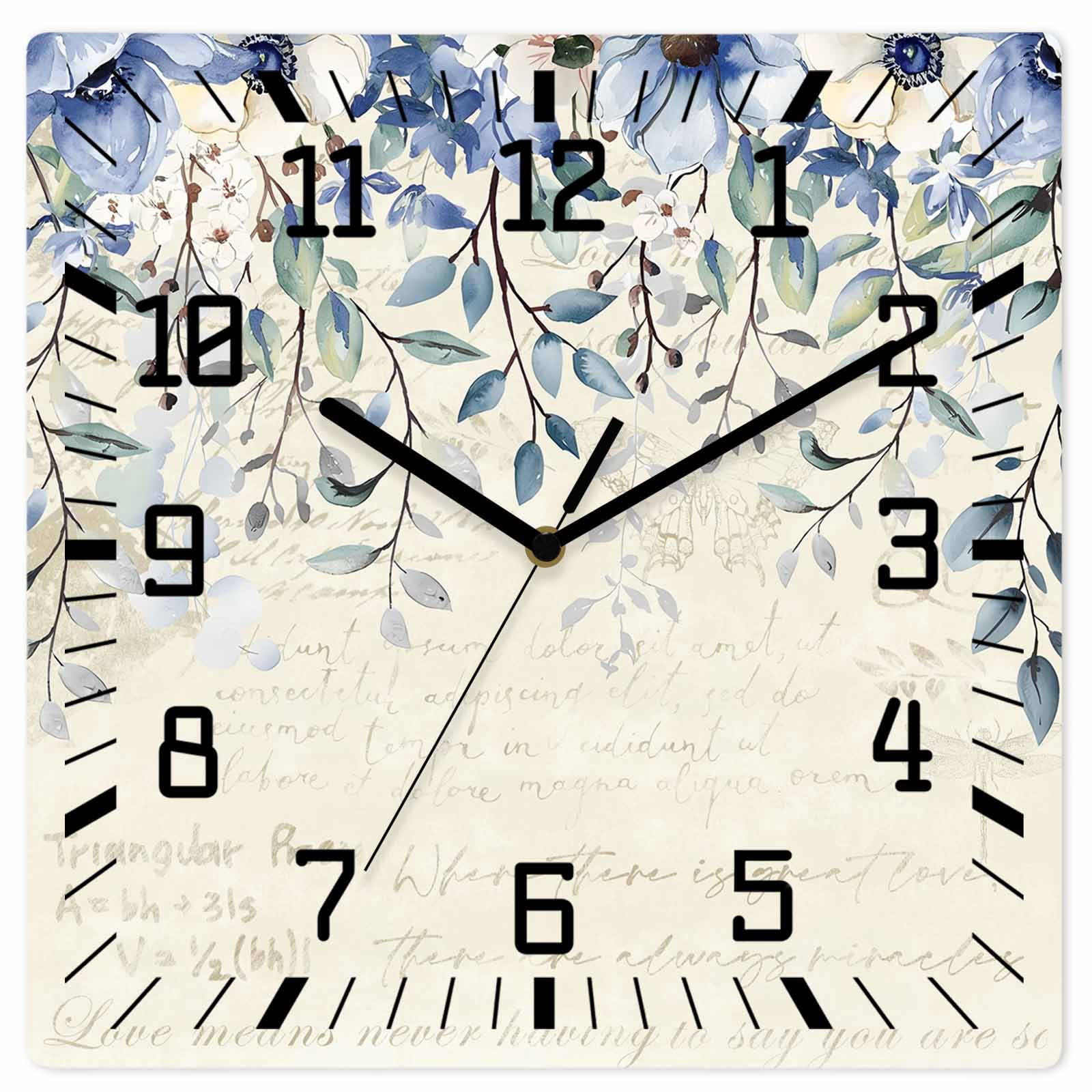 Blue Eucalyptus Leaves Wooden Wall Clock Silent Non Ticking, Farmhouse ...