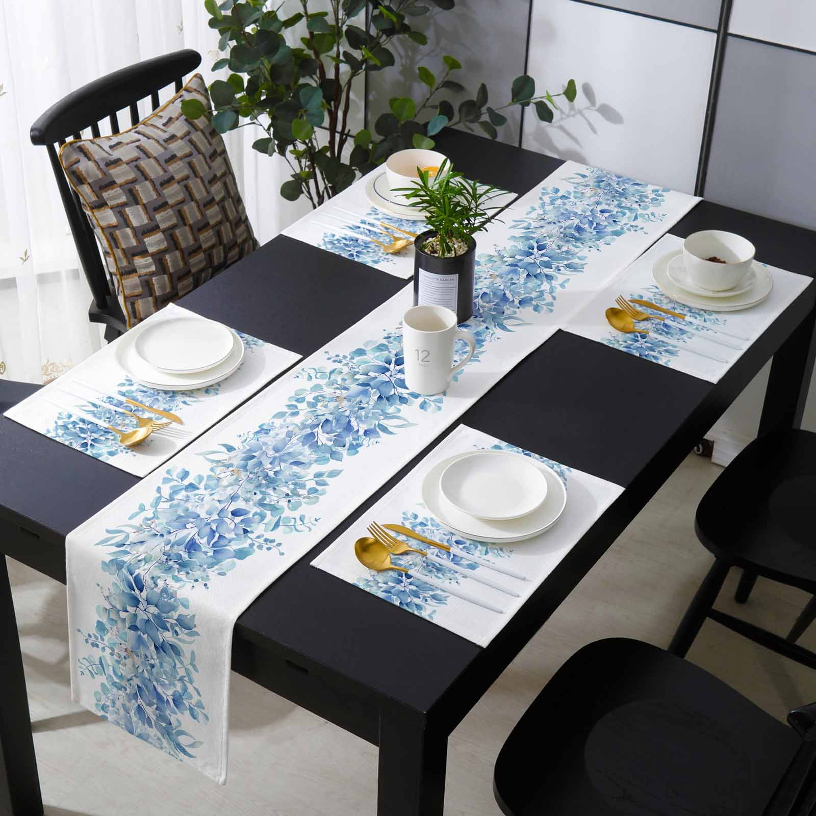 Blue Eucalyptus Placemats Set of 6 with 72 Inches Long Table Runner ...