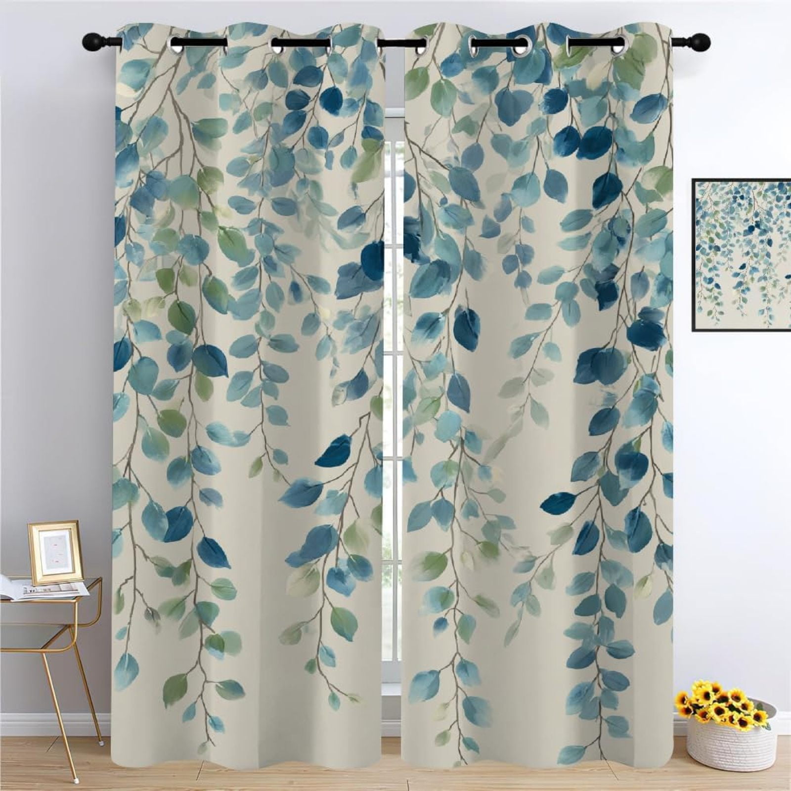 Blue Eucalyptus Print Blackout Curtains, Boho Watercolor Style Thermal ...