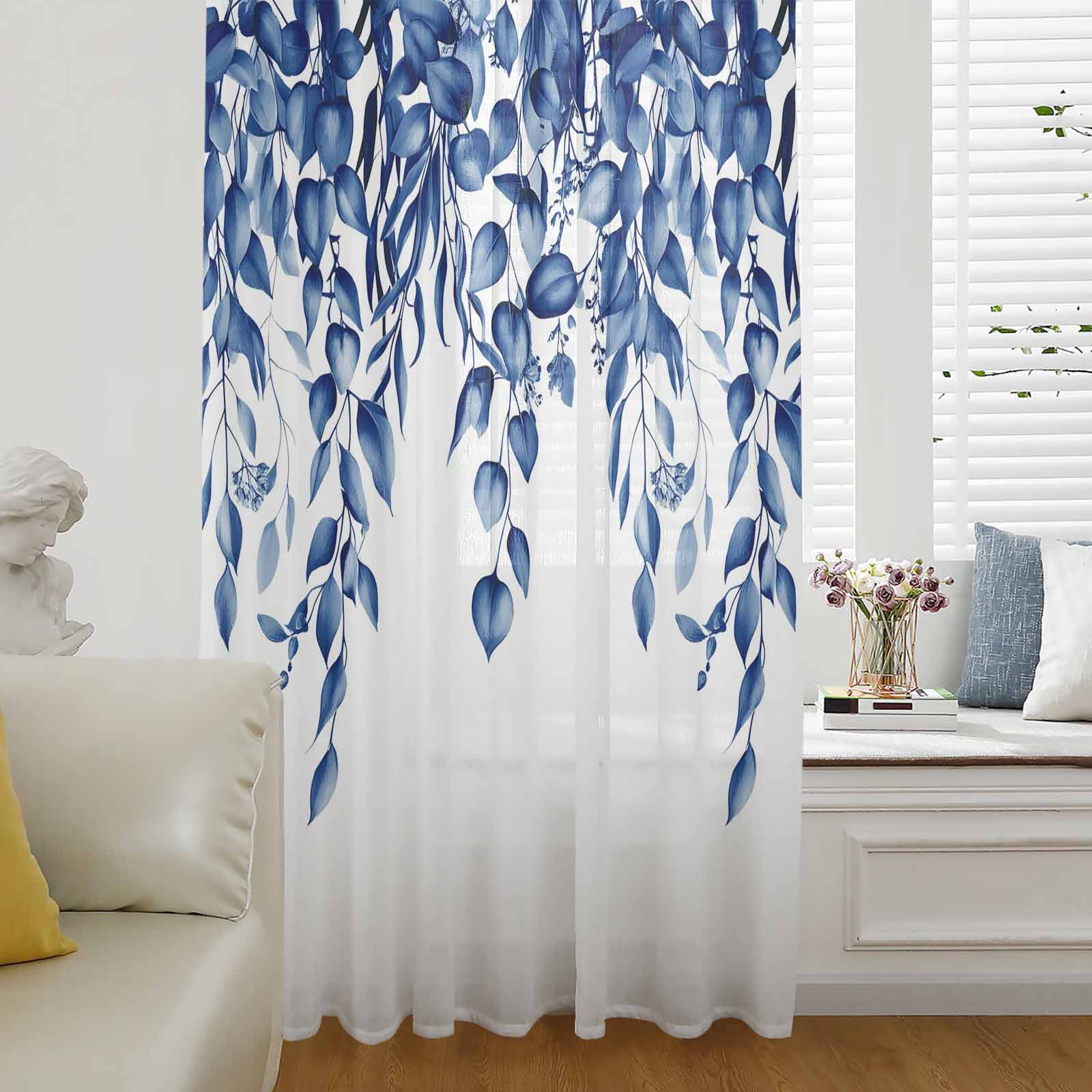 Blue Eucalyptus Semi Sheer Curtains Drapes for Living Room, Bedroom ...