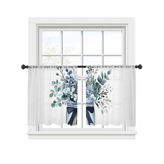 Blue Eucalyptus Sheer Curtains 2 Panels Set Leaves Bottle Ribbon ...