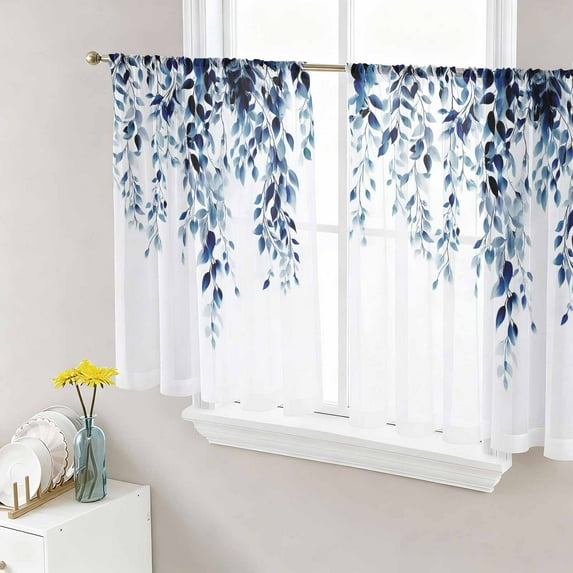 Blue Eucalyptus Sheer Curtains 54 Inch Length 2 Panels Set, Weeping ...