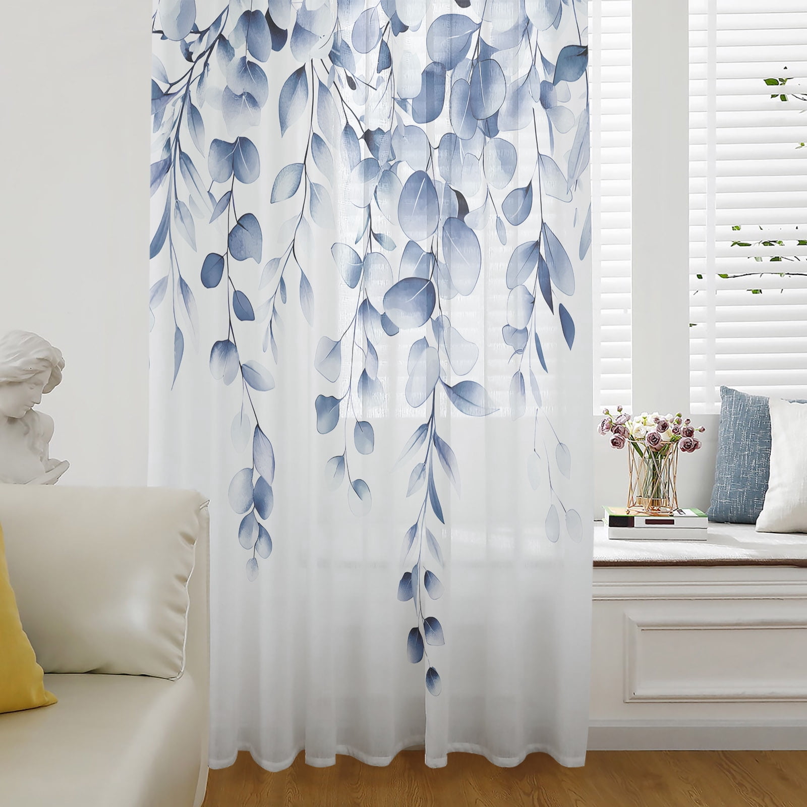 Blue Eucalyptus Sheer Curtains 96 Inch Length, Light Filtering Voile ...