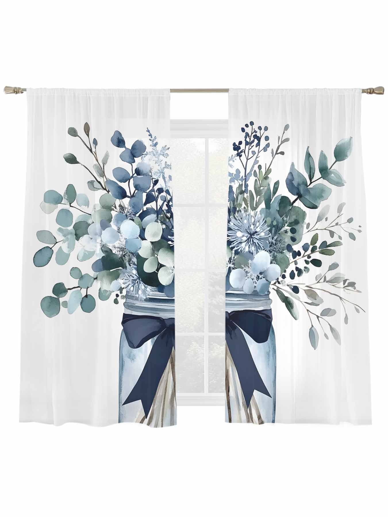 Blue Eucalyptus Sheer Curtains for Living Room Bedroom, Leaves Bottle ...