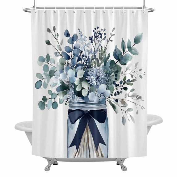 Blue Eucalyptus Shower Curtain for Bathroom, Leaves Bottle Ribbon ...