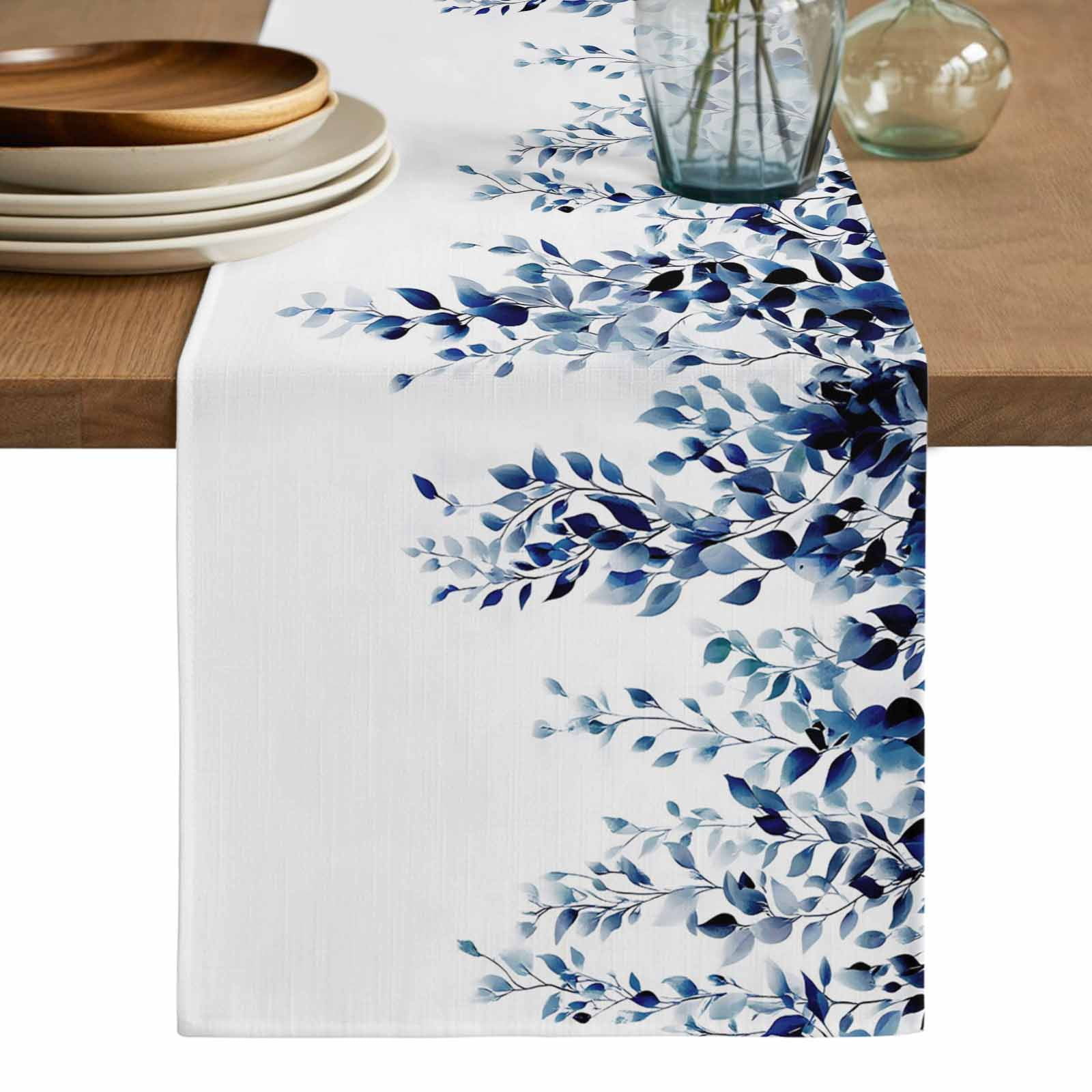 Blue Eucalyptus Table Runner, Weeping Botanical Leaf Watercolor ...