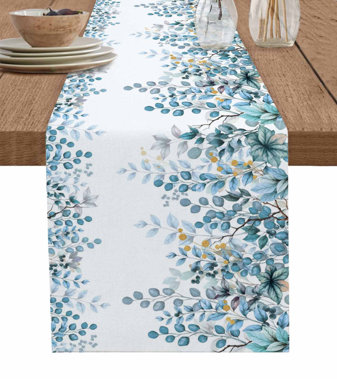 Blue Eucalyptus Table Runners 90 Inches Long, Cotton Linen Fabric Table ...