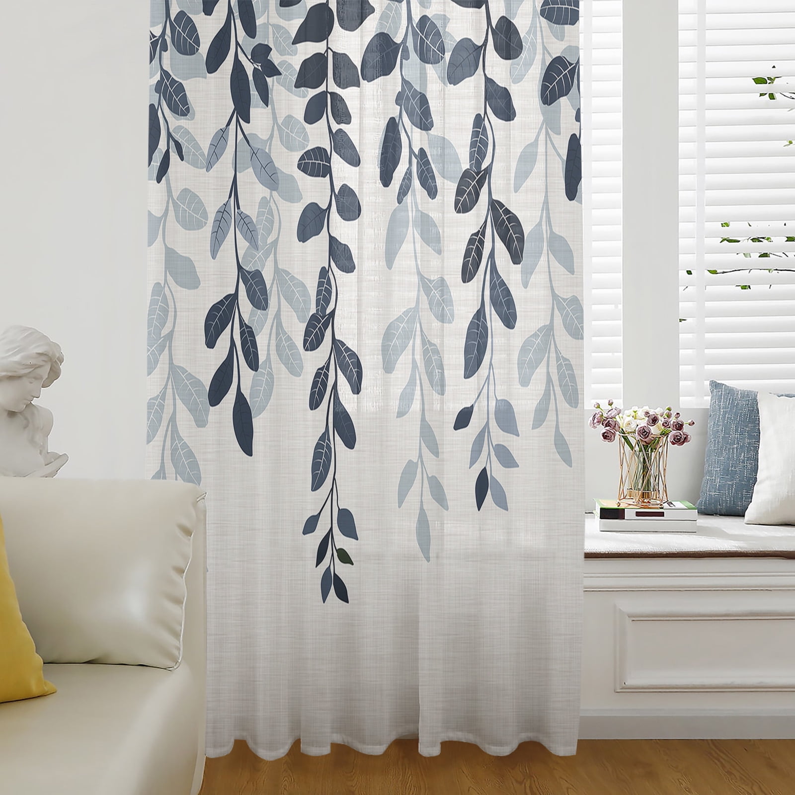 Blue Eucalyptus Window Curtain 96 Inches Long,Vintage Gradual Leaves ...