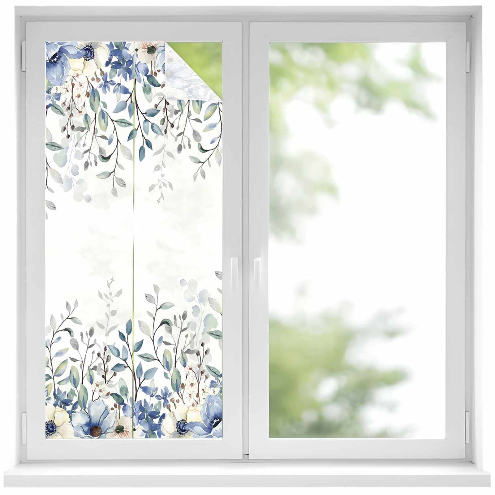 Blue Eucalyptus Window Privacy Film, Farmhouse Flowers Leaf White ...