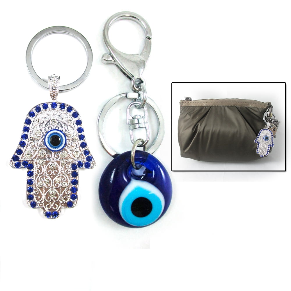 Blue Evil Eye + Silver Hamsa Fatima Hand Keychains Protection Good Luck ...