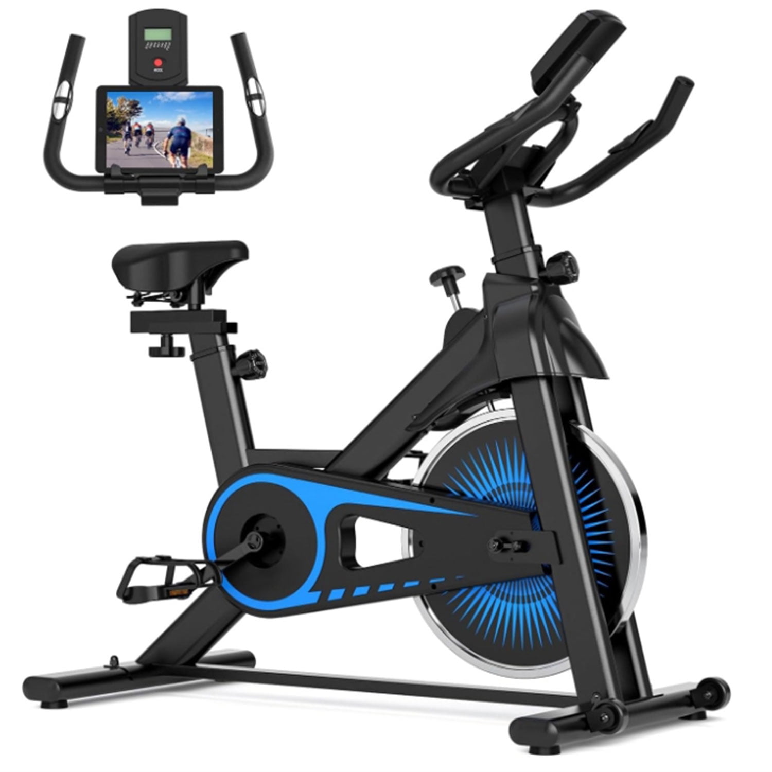 Blue Indoor Stationary Exercise Bike with Adjustable Seat & Handlebars, 17LB Flywheel, LCD ...