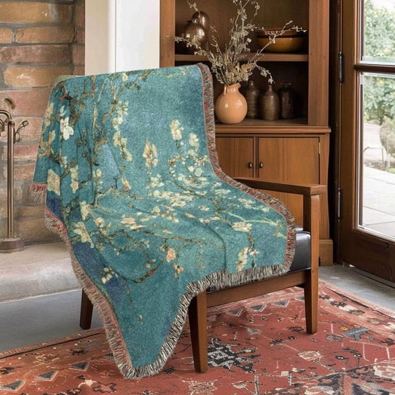 Blue Expressive Sky Floral Woven Throw Blanket, Cotton with Fringed ...