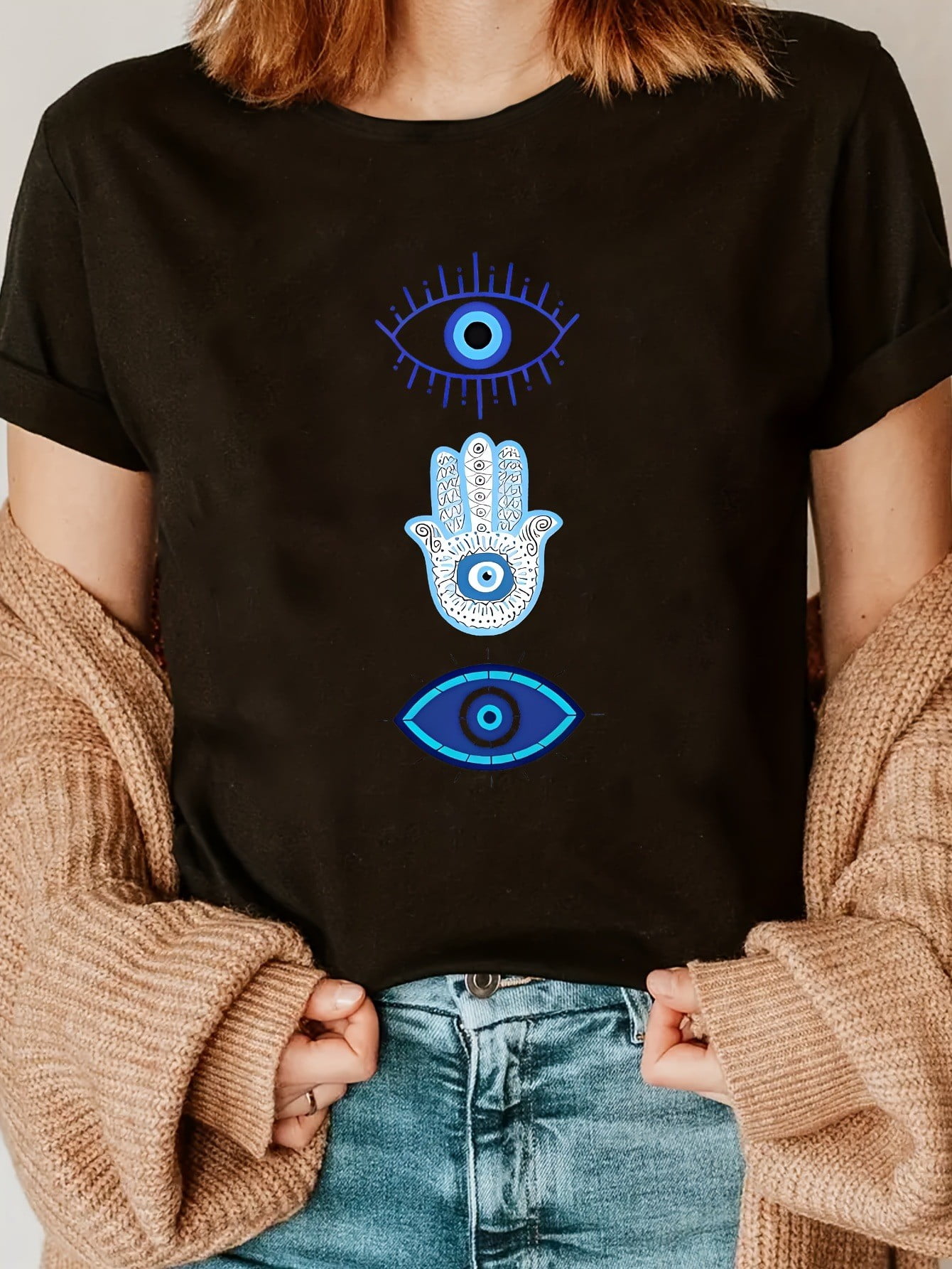 [Blue Eye Print Sports Tee] Bohemian Blue Eye Print 1pc Women's Casual ...