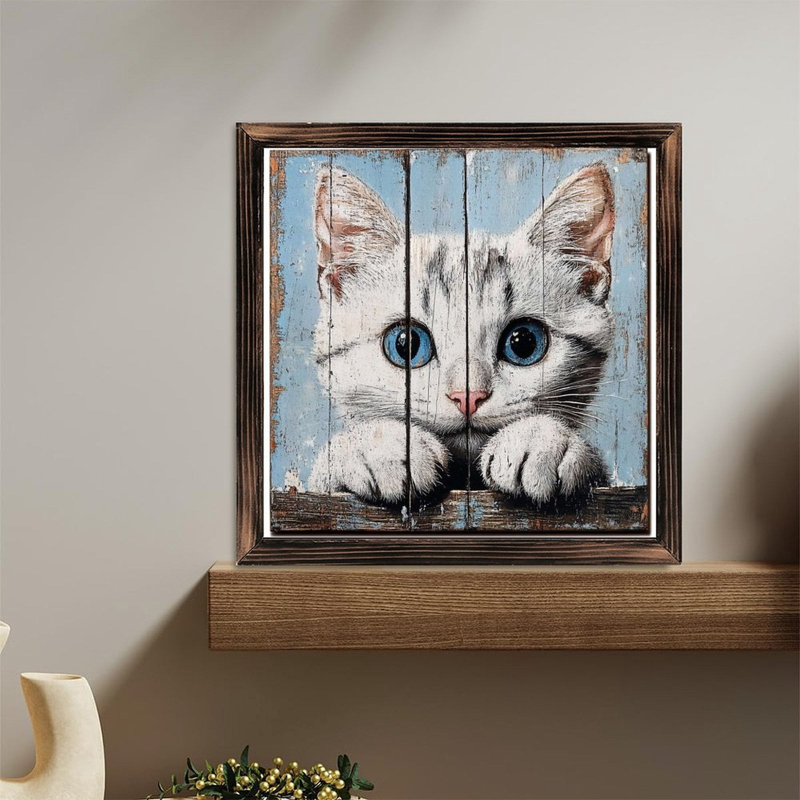 Blue Eyed Cat Wood Art Wooden Sign Wall Plaque - Vintage Art Decoration ...