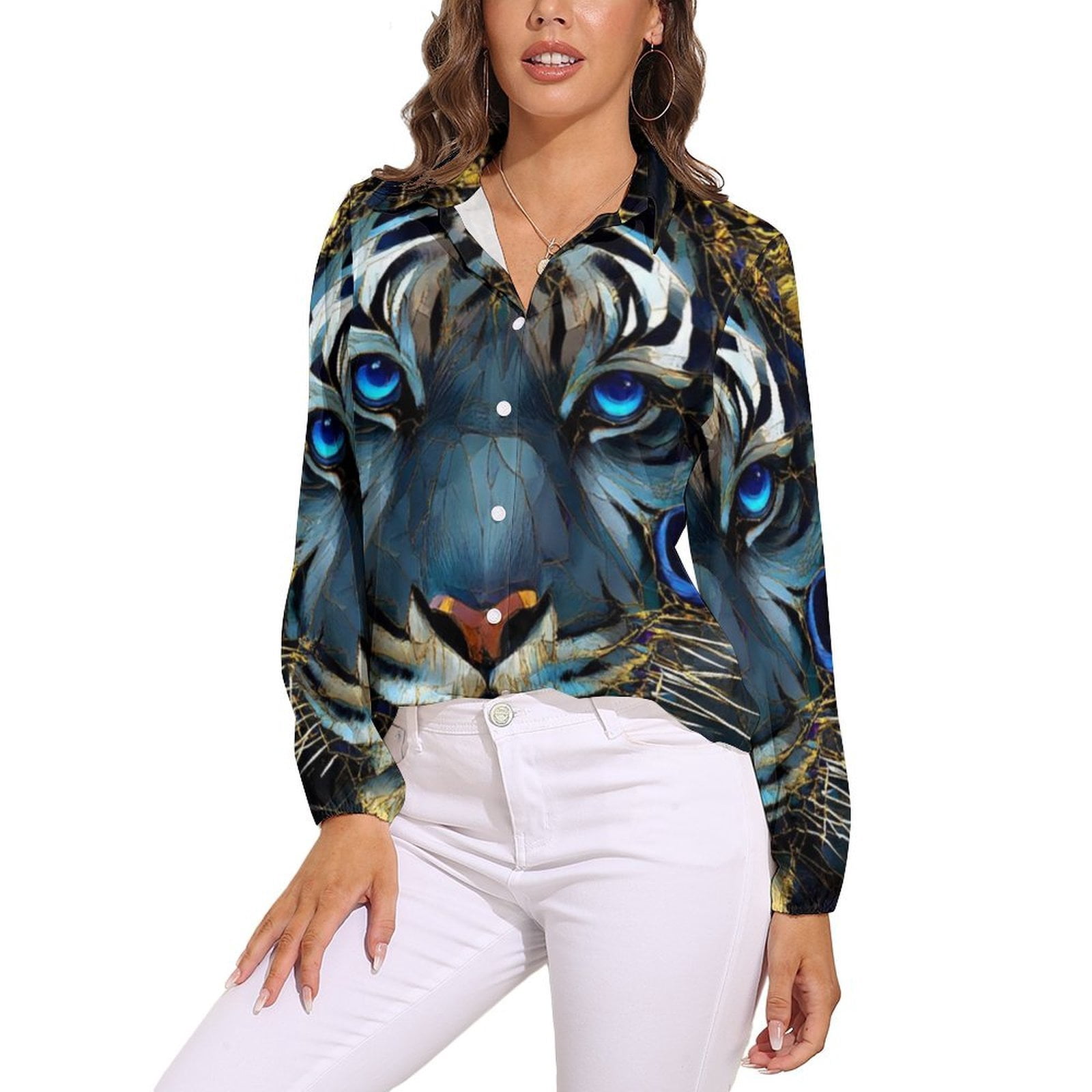Blue-Eyed Tiger Abstract Art Long Sleeve Blouse Woman Streetwear Casual ...