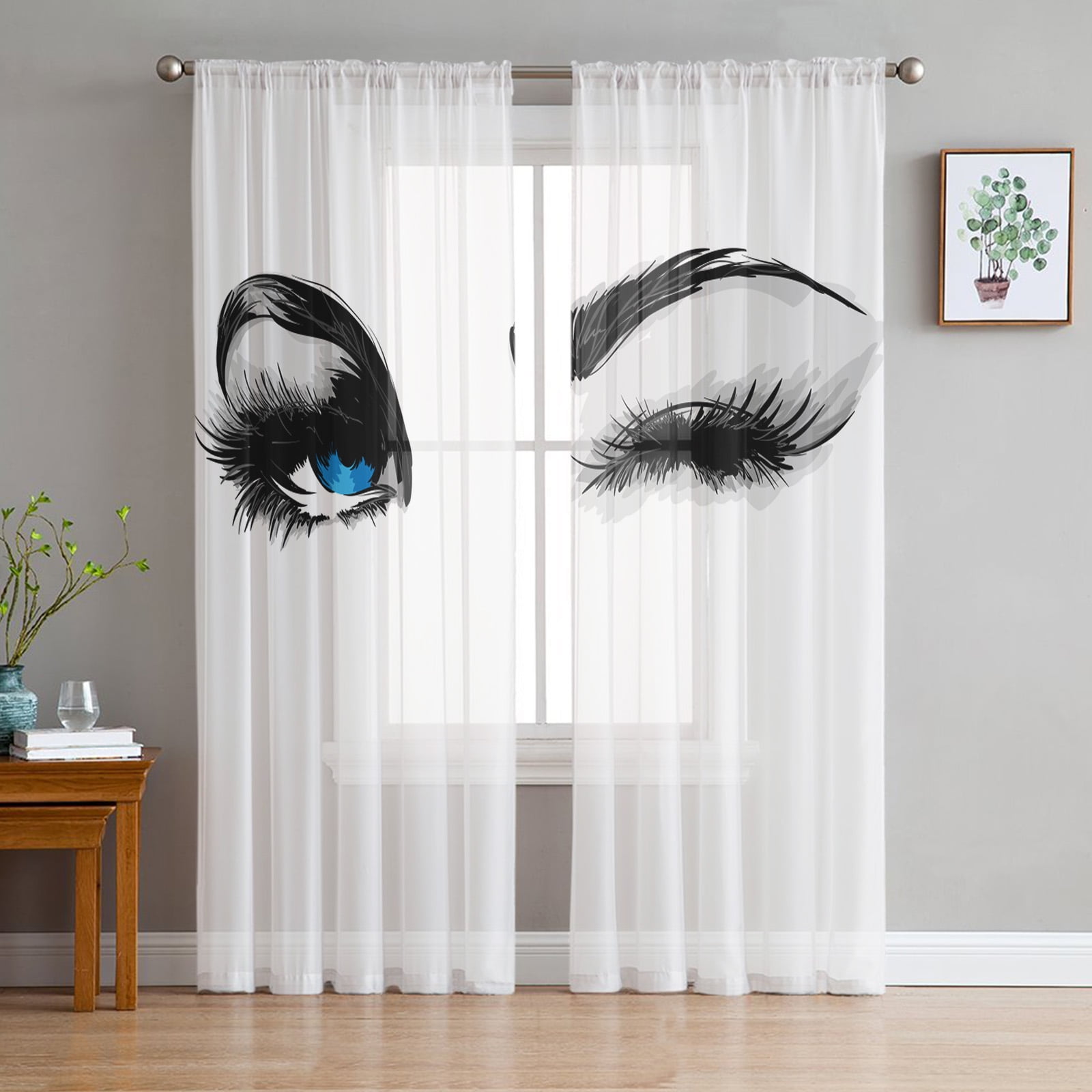 Blue Eyes Eyelashes Woman White Sheer Curtains for Living Room Bedroom ...