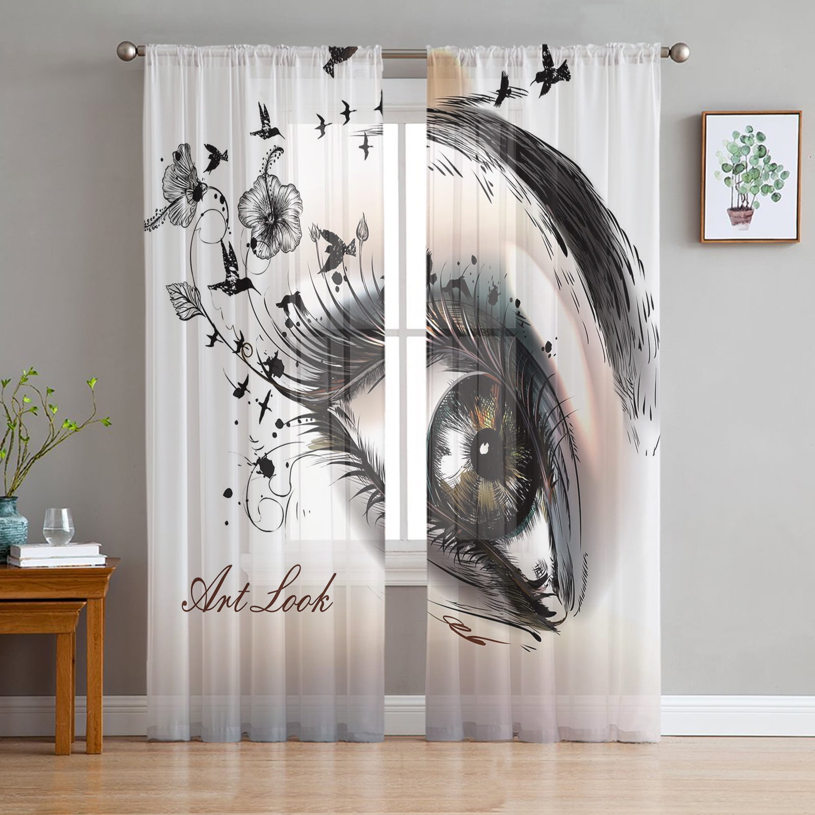 Blue Eyes Eyelashes Woman White Sheer Curtains for Living Room Bedroom ...