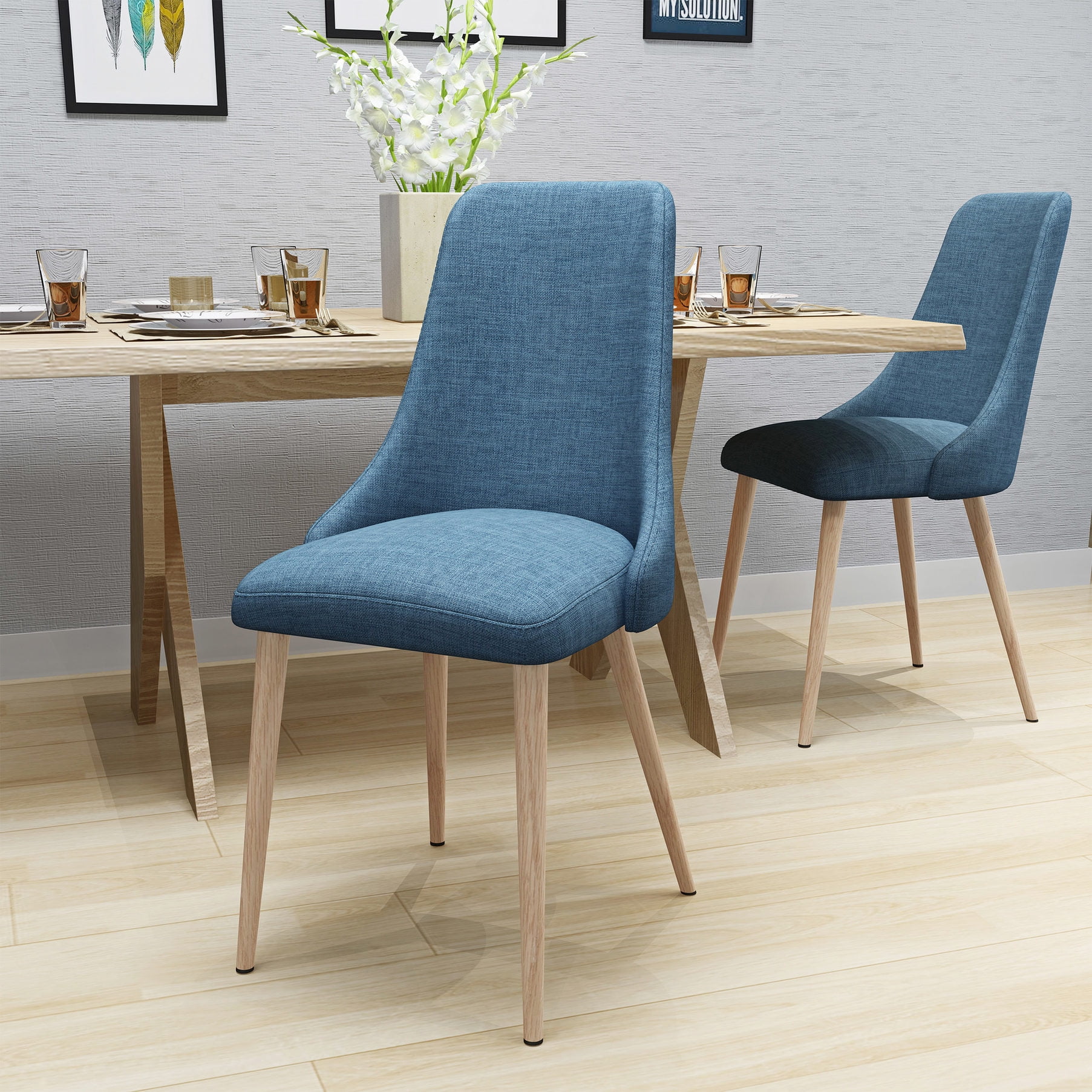 Blue Fabric Armless Chairs for Dining Room | Solid Back Design | Stable ...