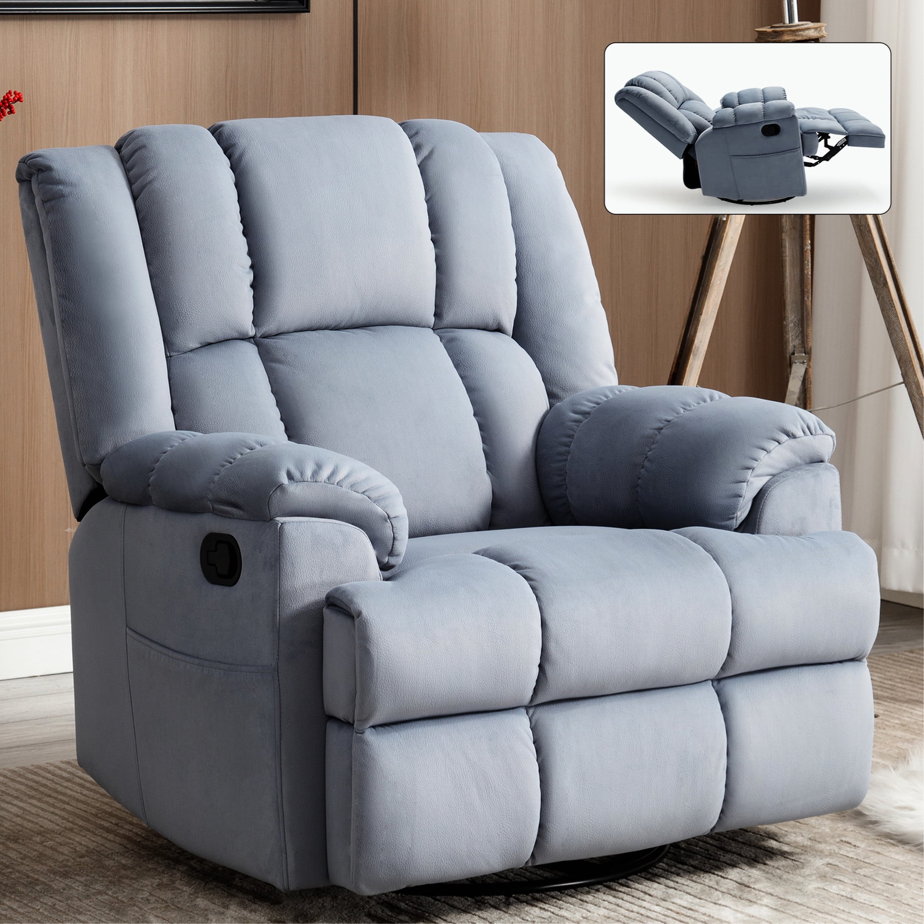 Blue Fabric Recliner Chair With Swivel & Rocking, Oversized, Manual ...