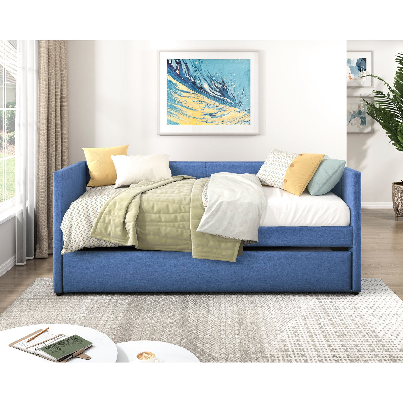 Blue Fabric Upholstered Daybed with Trundle, Simple Assembly / Quick ...